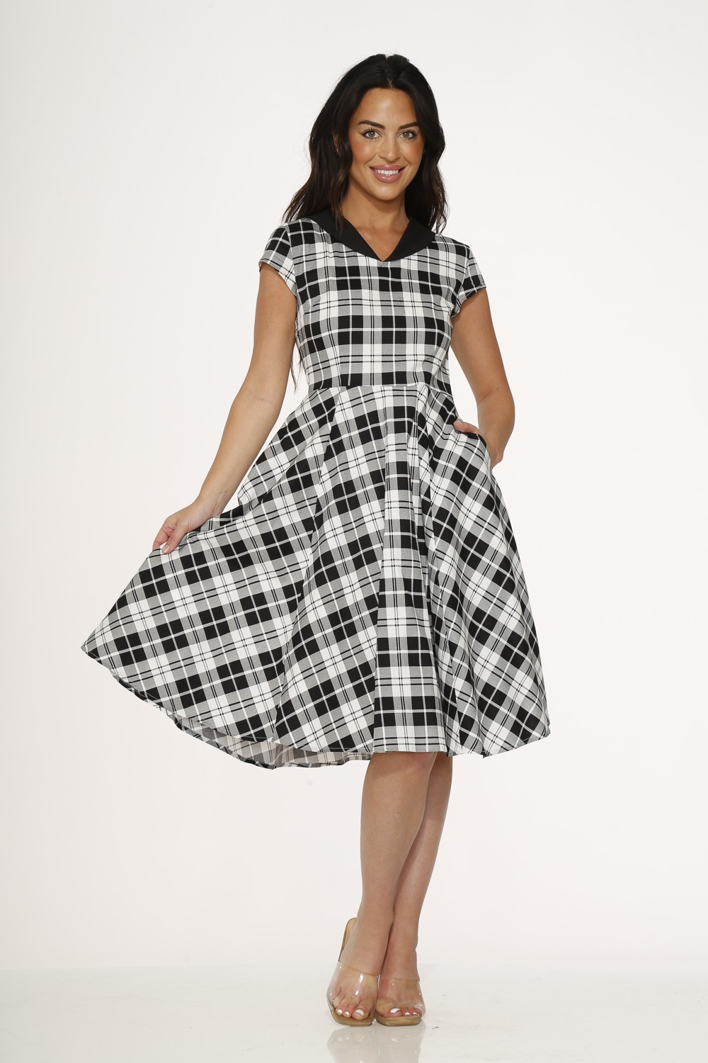 21701 Black White Plaid Swing Dress - Orchid Bloom
